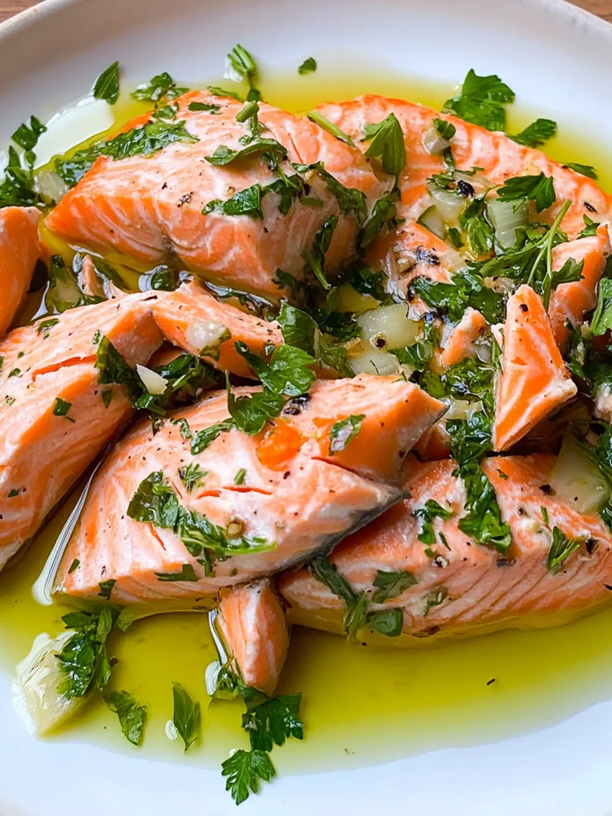 Easy Olive Oil Poached Salmon with Herby Vinaigrette Bliss