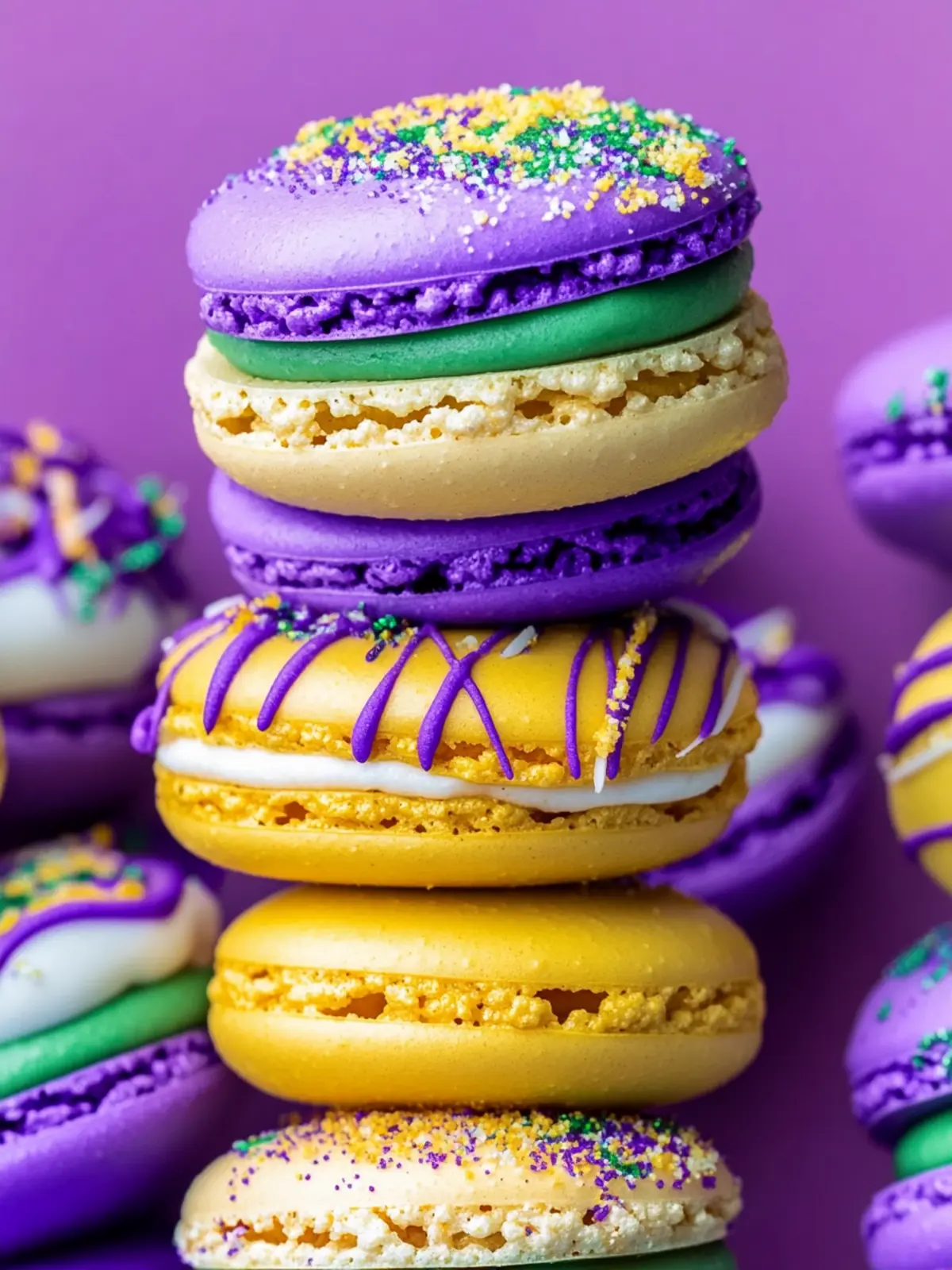 Irresistible Mardi Gras Macarons with Cinnamon Cream Cheese